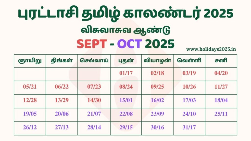 Purattasi Month Tamil Calendar 2025 (31 Days) - Calendar Holidays 2025 Purattasi Month Tamil Calendar 2025 (31 Days) - Calendar Holidays 2025